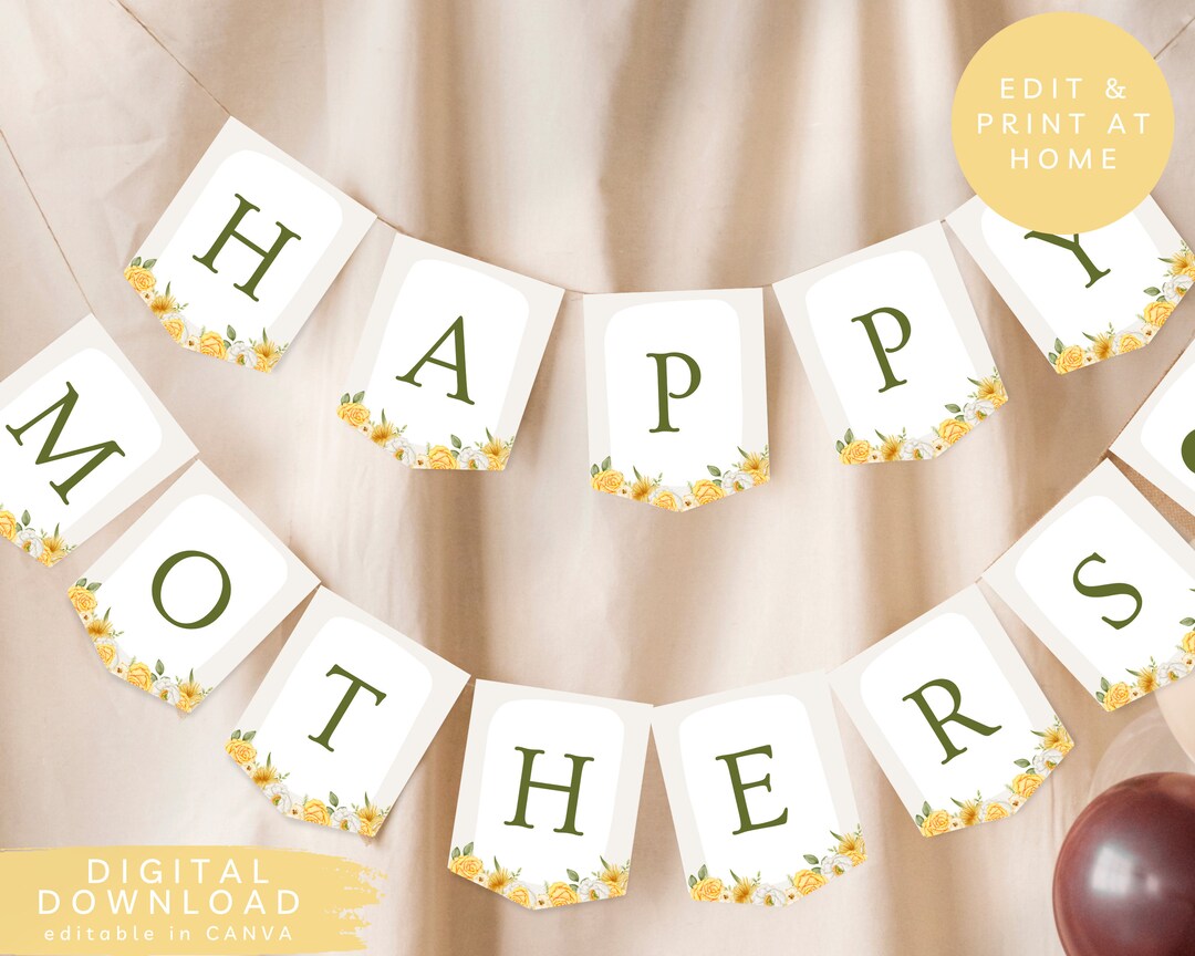 Editable Mothers Day Party Banner, Printable Mothers Day Decor, Yellow ...