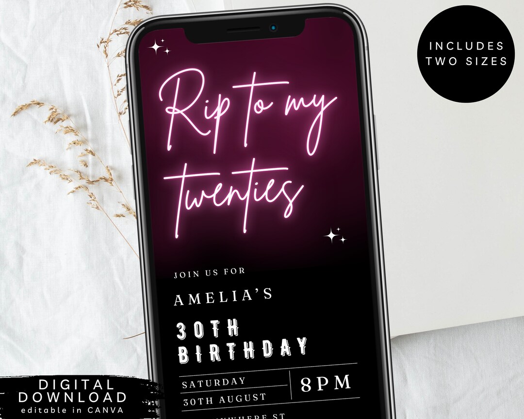 Neon 30th Birthday Invite, Neon RIP to My Twenties Electronic Invite ...