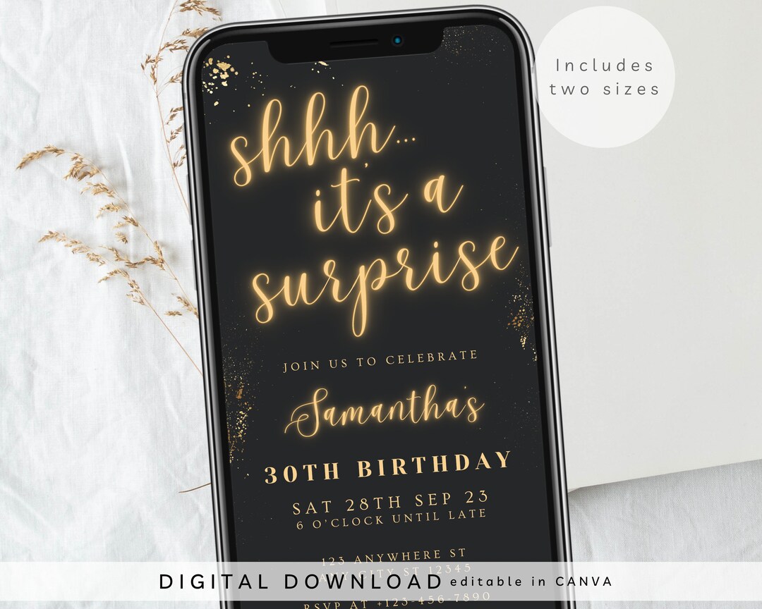Shhh... It's a Surprise E-invite, Surprise Neon Party Invite, Text ...