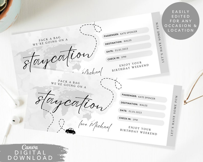 Editable Staycation Travel Ticket, Print Surprise Trip Voucher, Holiday ...