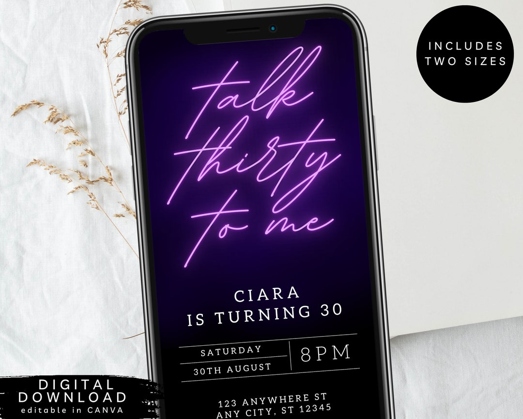 Neon 30th Birthday Invite, Talk Thirty to Me Electronic Invite, Purple ...
