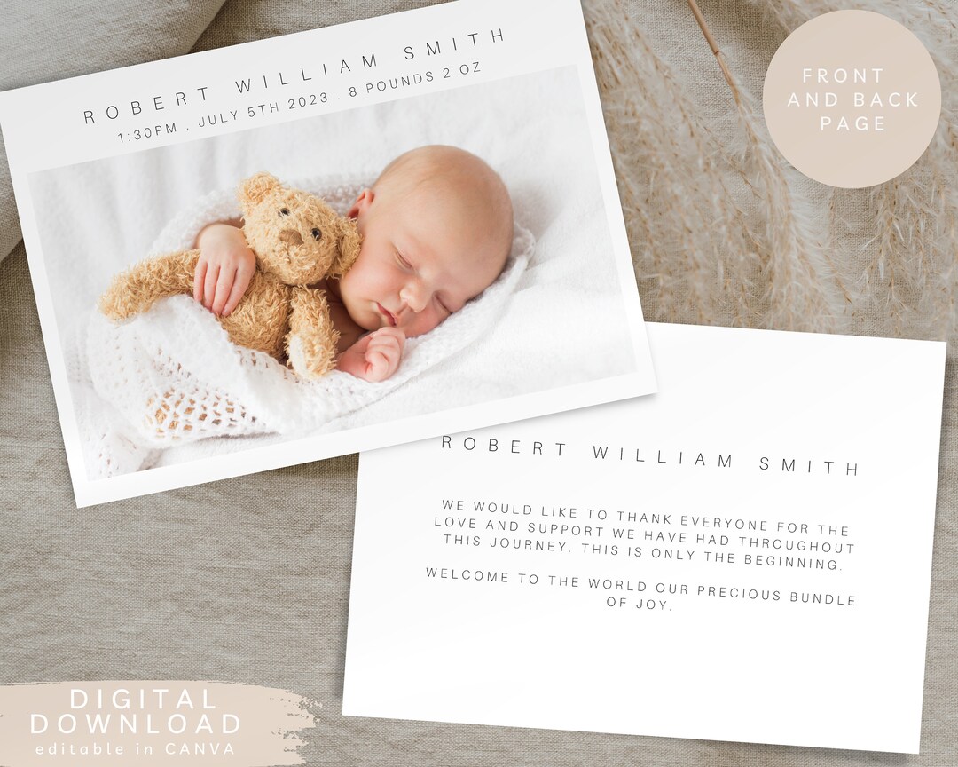 Editable Birth Announcement, Newborn Thank You Card, Newborn Welcome ...
