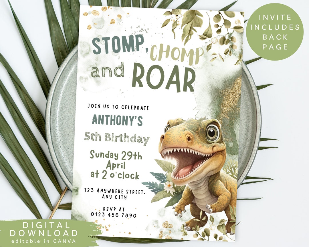 Dinosaur Birthday Party Invite Stomp Chop and Roar Invite - Etsy
