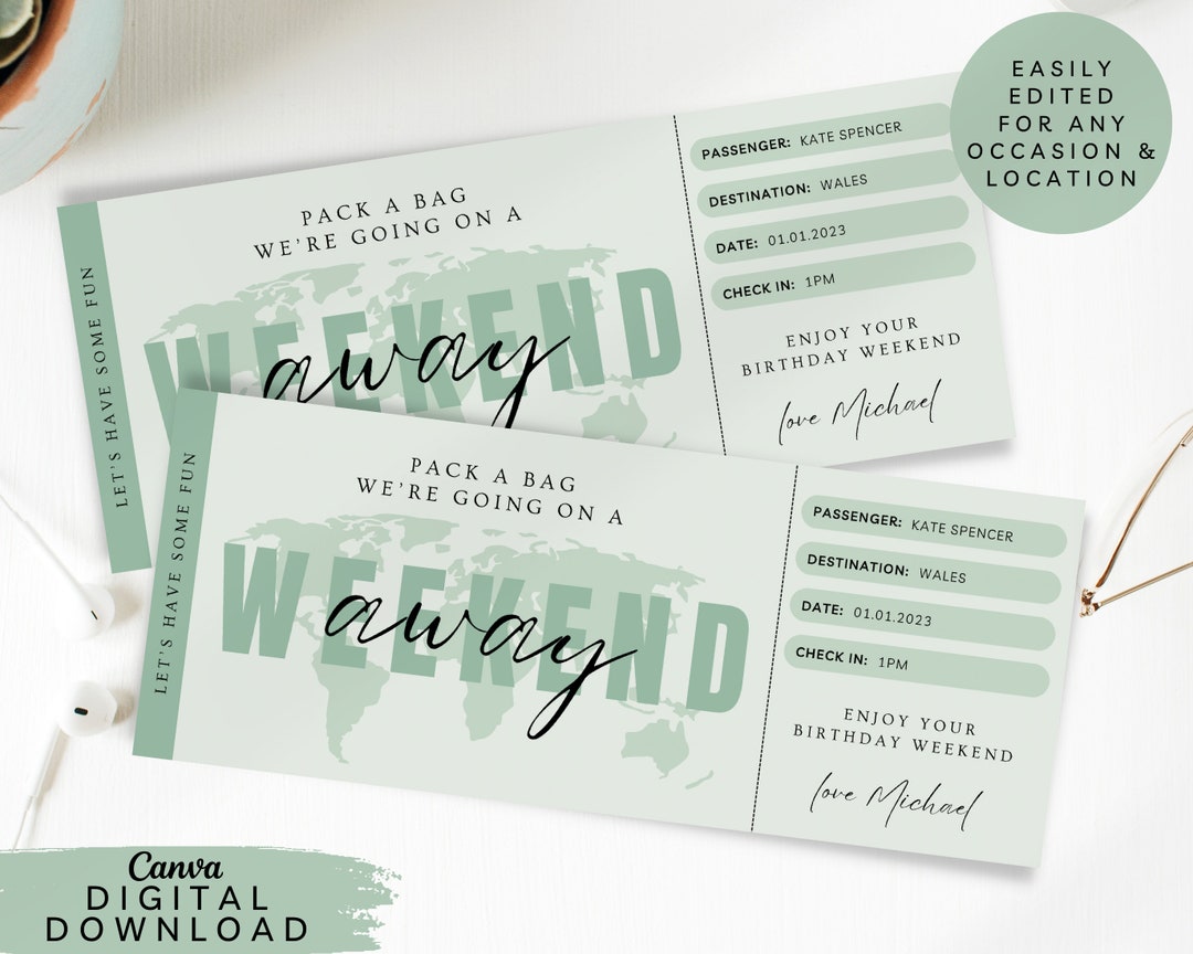 Editable Weekend Away Travel Ticket, Print Surprise Trip Voucher ...