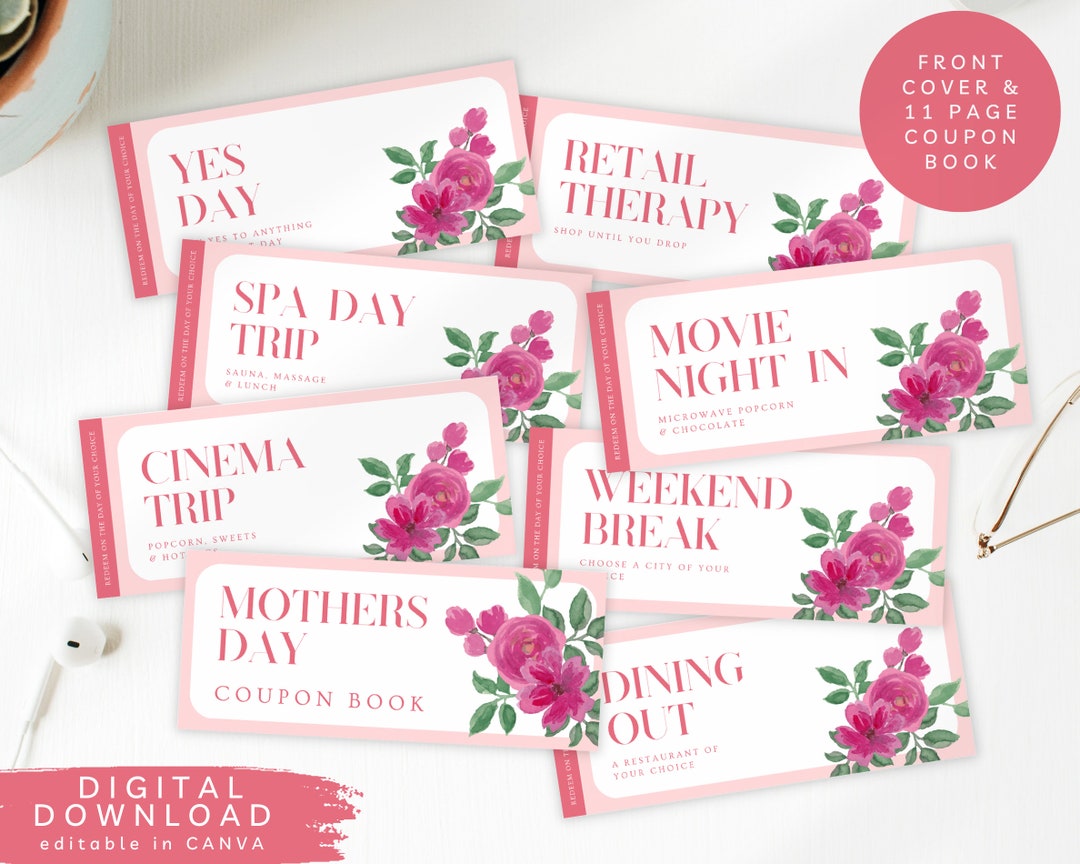 Editable Mothers Day Flower Coupon Book, City Break Voucher Book ...