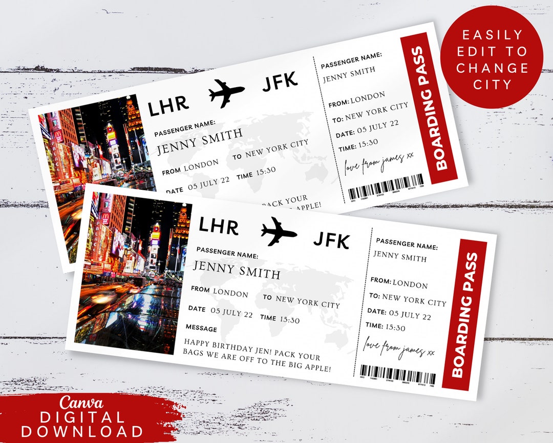 Editable New York Boarding Plane Ticket, Print Surprise Trip Voucher ...