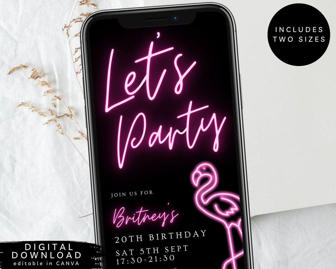 Let’s Party Neon Electronic Invite, Neon Pink Birthday E-invite, Pink ...