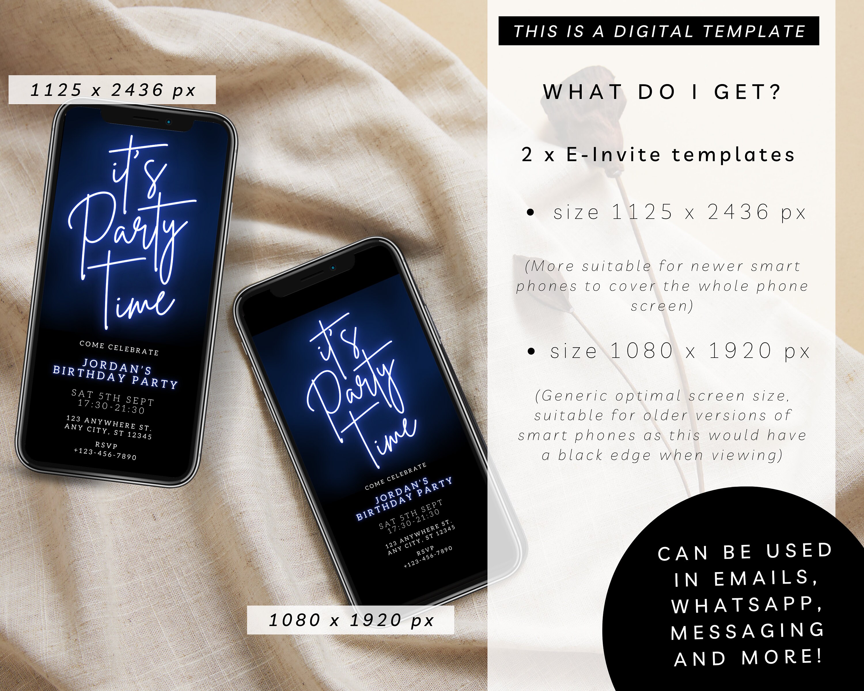 Blue Neon It’s Party Time Electronic Invite, Neon Birthday E-invite ...