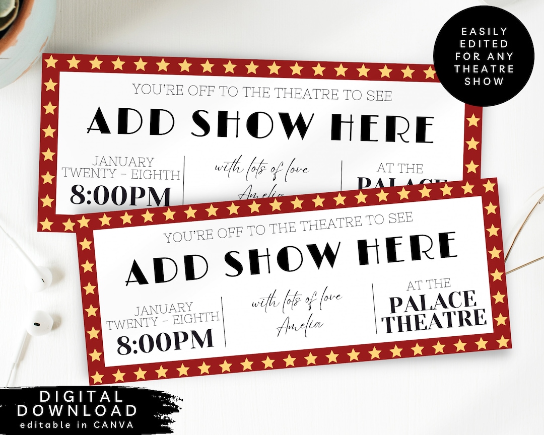 Editable Digital Theatre Ticket Voucher, Musical Theatre Surprise Ticket, Printable Gift Theatre ...