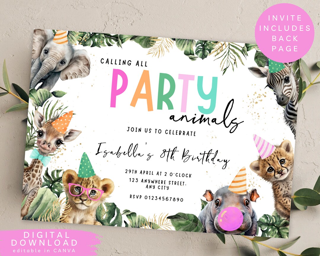 Editable Party Animal Invite, Safari Birthday Invitation, Baby Animal ...