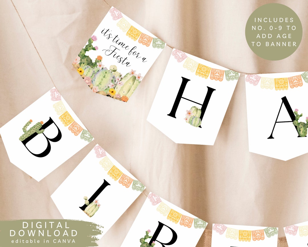 Cactus Birthday Banner, Editable Fiesta Birthday Banner, Mexican Cactus ...