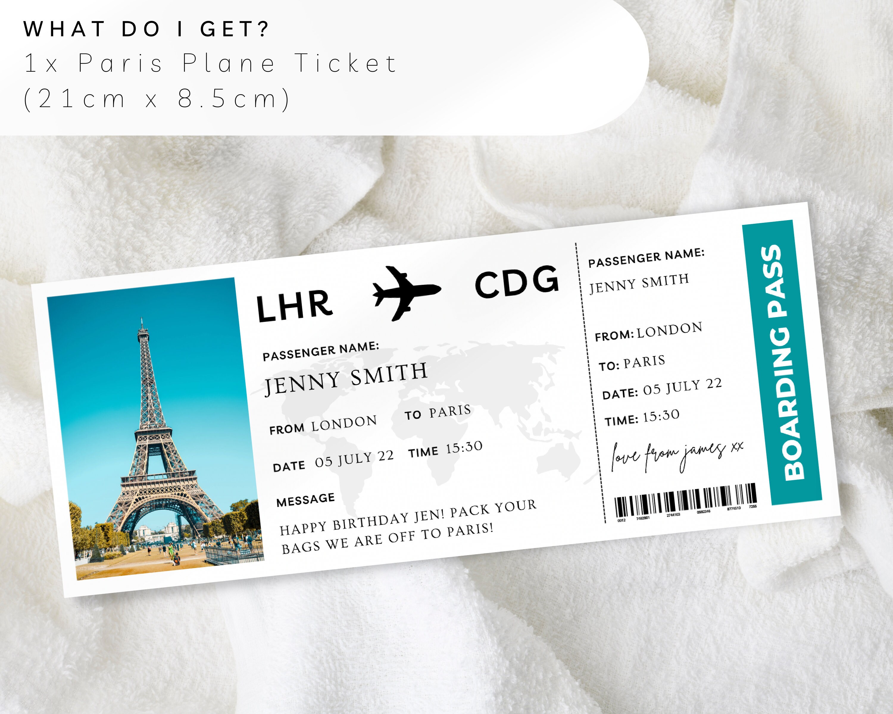 Editable Paris Boarding Plane Ticket, Print Surprise Trip Voucher ...