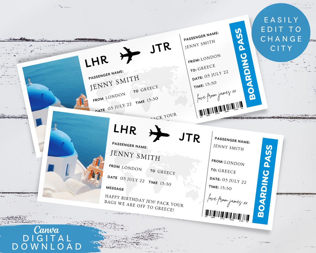 Editable Greece Boarding Plane Ticket, Print Surprise Trip Voucher ...
