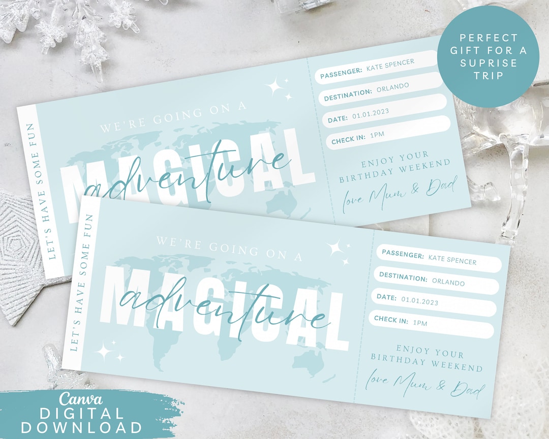 Editable Orlando Boarding Plane Ticket, Blue Surprise Trip Voucher ...