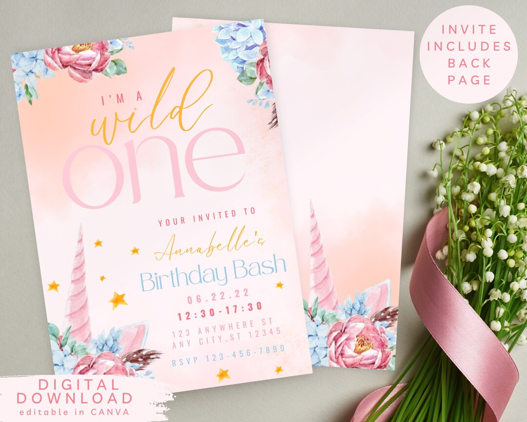 Pink Unicorn Birthday Invite, A Wild One Birthday Invite, Editable ...