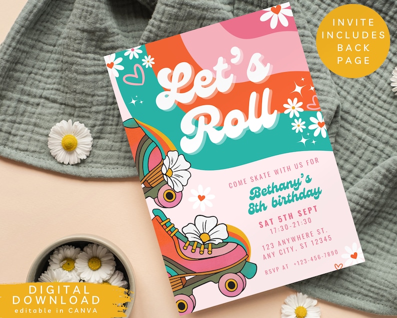 Let’s Roll Skating Birthday Invite, Roller Skate Kids Party Invite ...