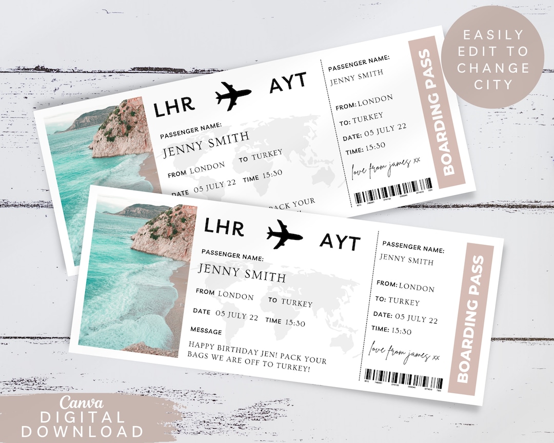 Editable Turkey Boarding Plane Ticket, Print Surprise Trip Voucher ...