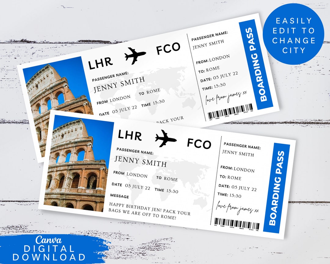Editable Rome Boarding Plane Ticket, Print Surprise Trip Voucher ...