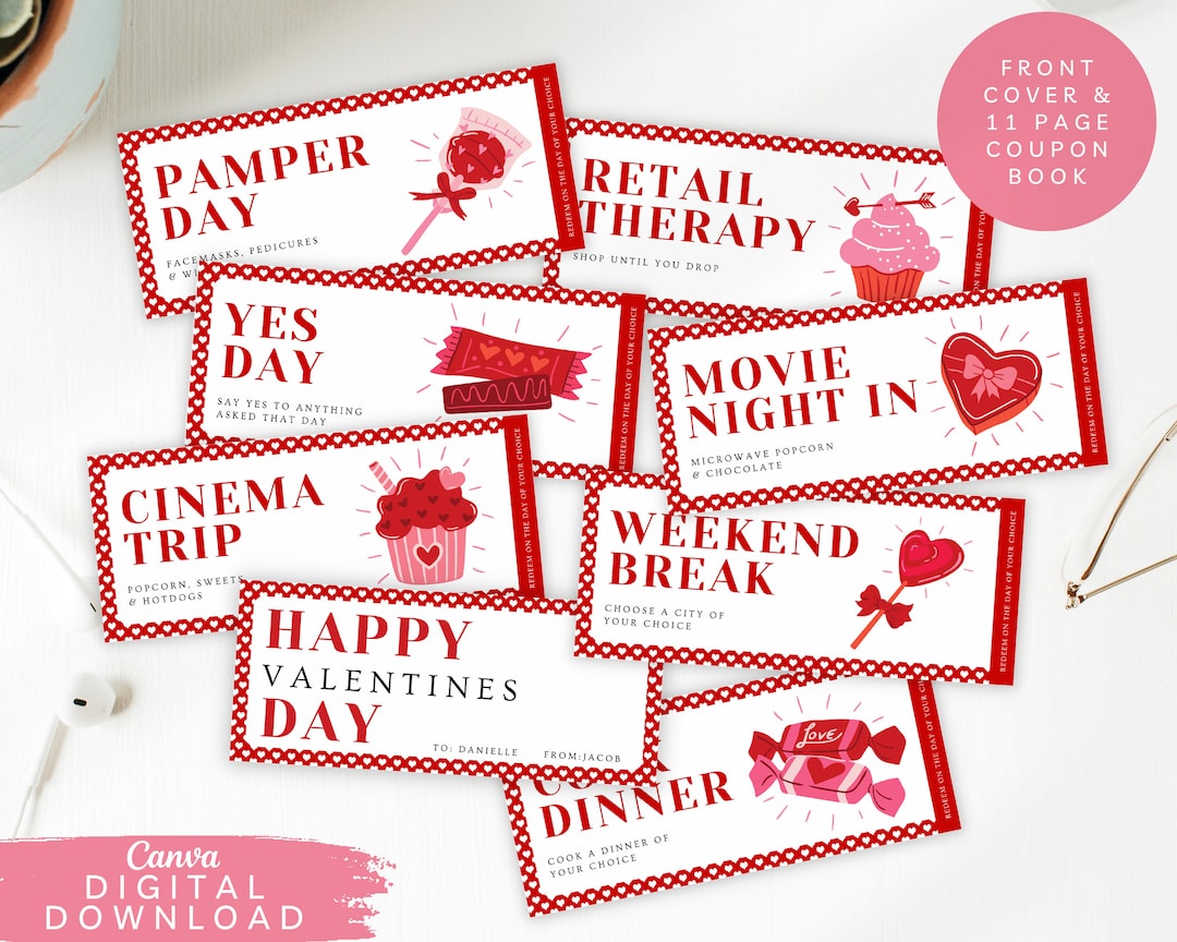 Editable Red Valentines Coupon Book, Valentines Gift Ticket, Date ...
