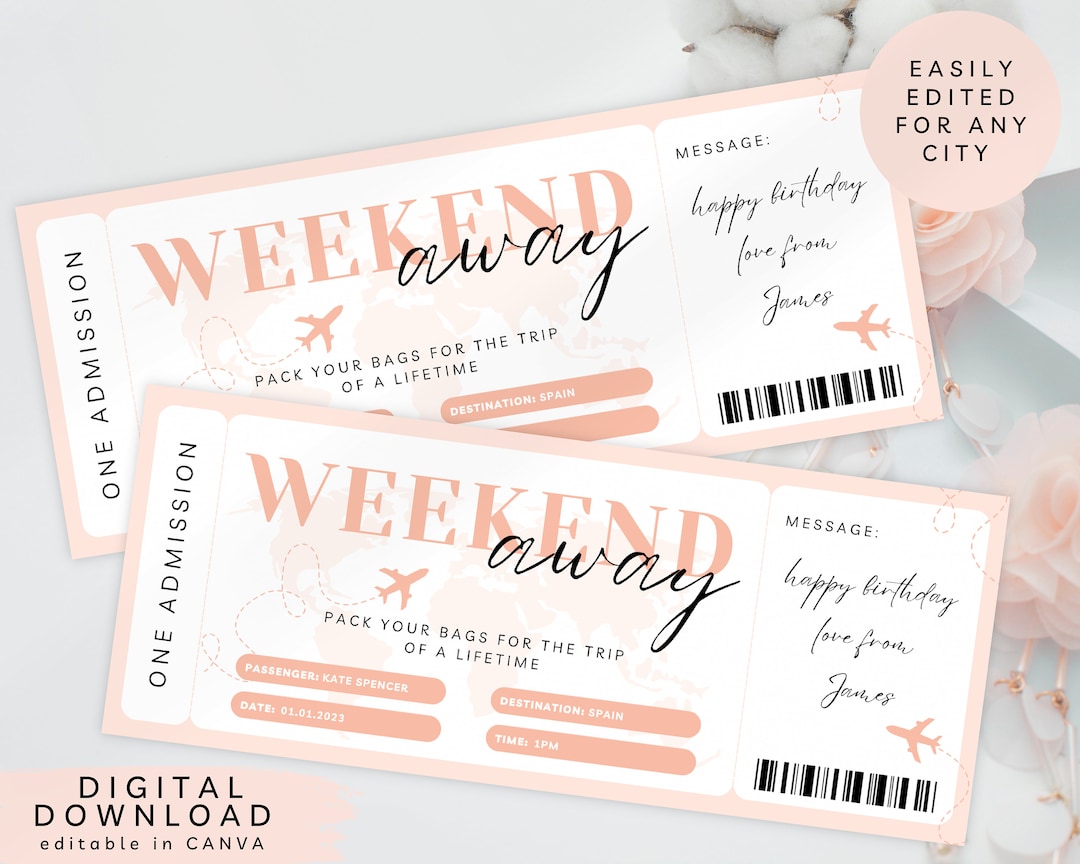 Editable Weekend Away Travel Ticket, Print Surprise Trip Voucher ...