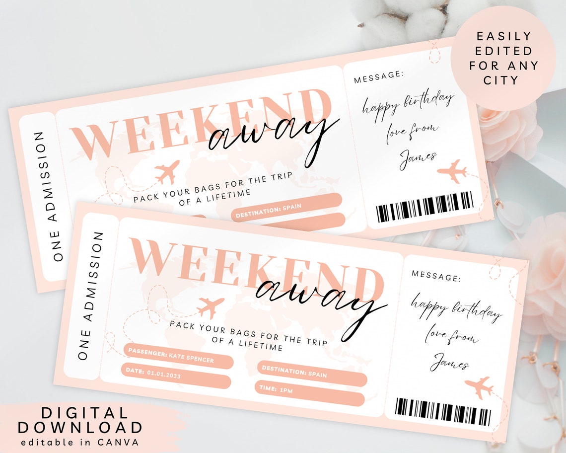 Editable Weekend Away Travel Ticket, Print Surprise Trip Voucher ...
