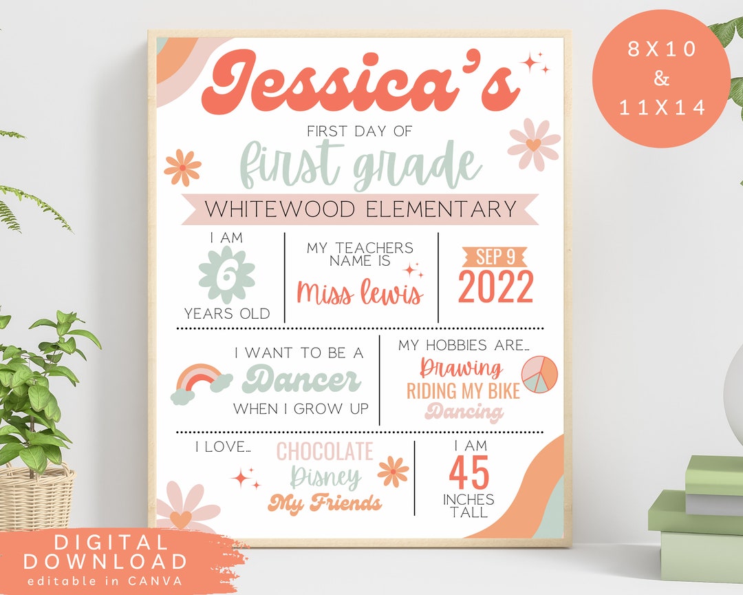 Editable Groovy Hippie First Day of School Sign, Any Grade Back to ...