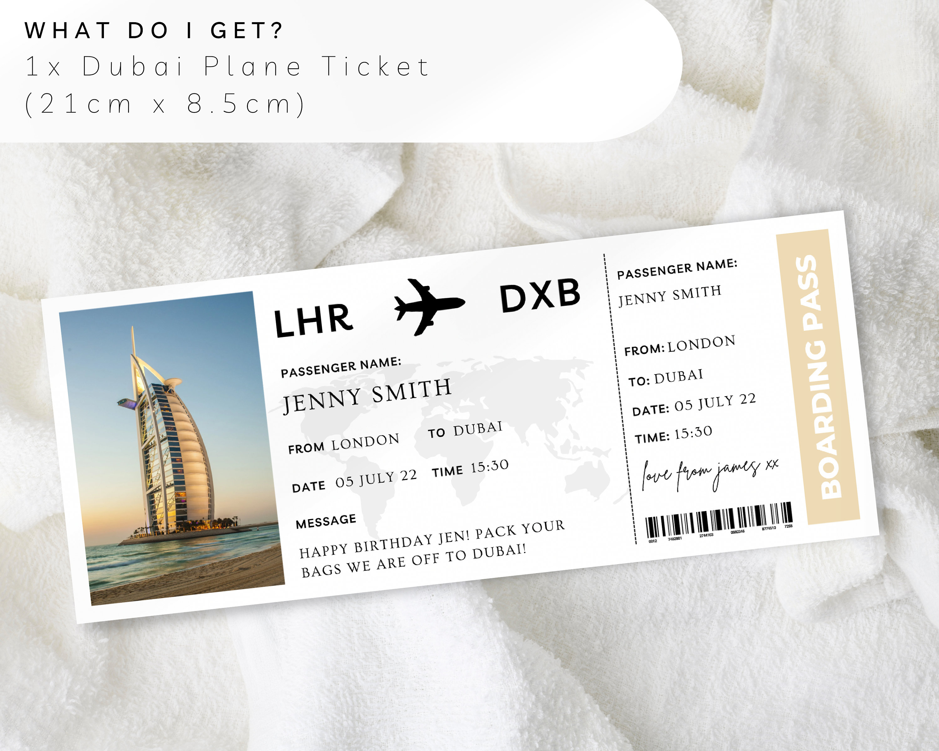 Editable Dubai Boarding Plane Ticket, Print Surprise Trip Voucher ...