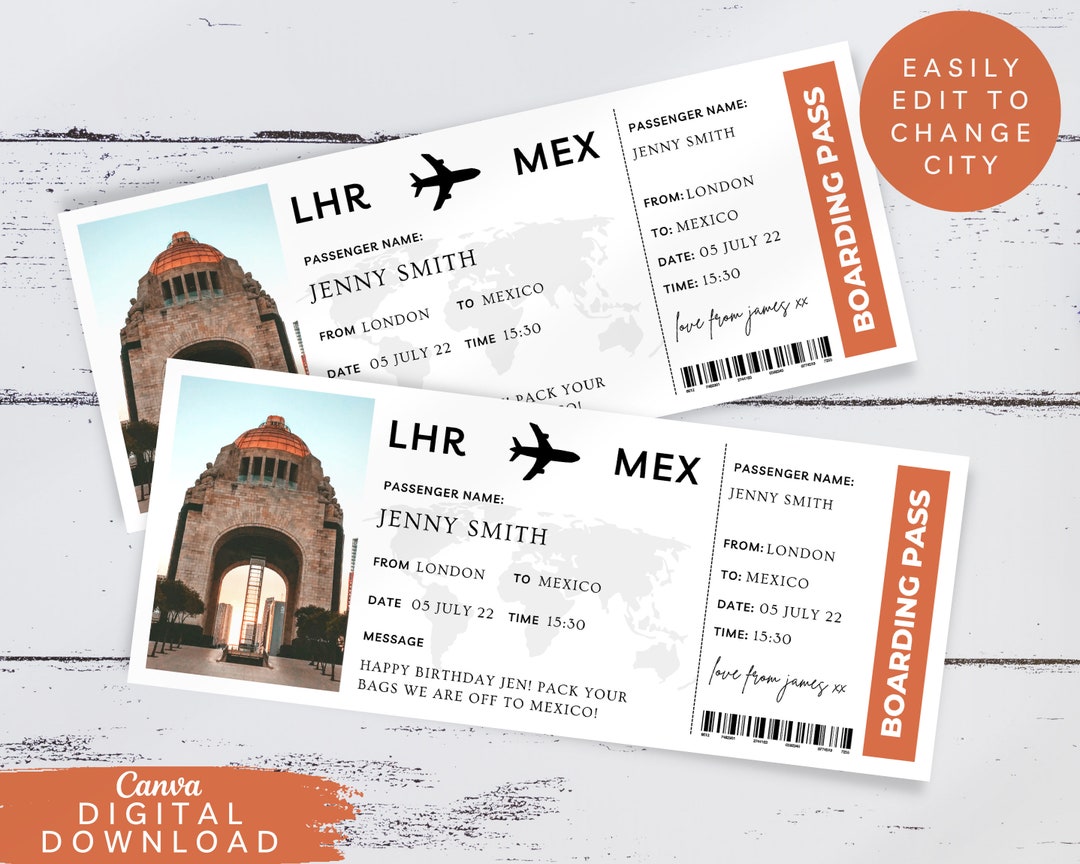 Editable Mexico Boarding Plane Ticket, Print Surprise Trip Voucher ...