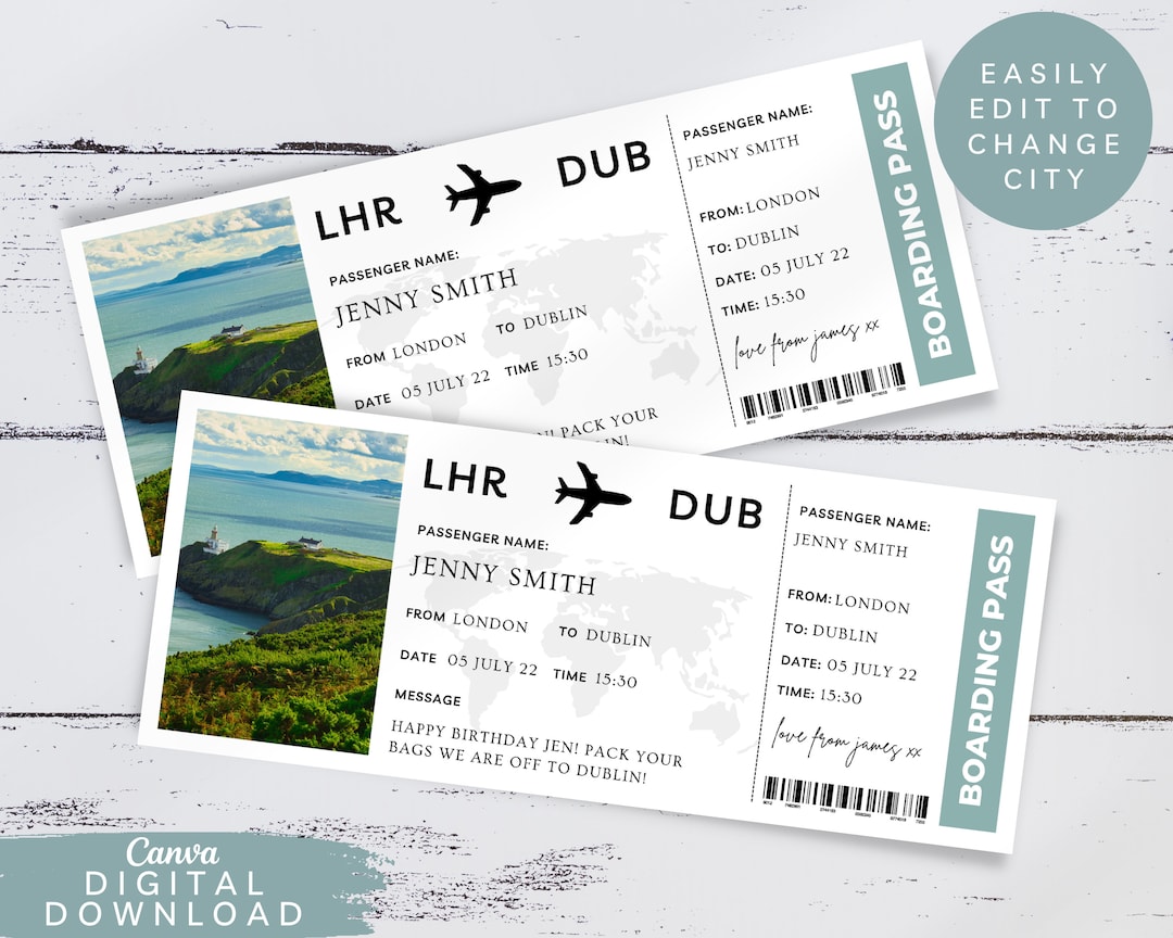 Editable Dublin Boarding Plane Ticket, Print Surprise Trip Voucher ...