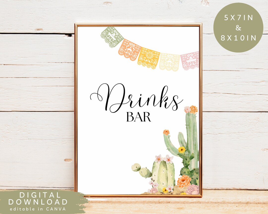 Fiesta Drinks Sign, Mexican Bar Sign, Fiesta Bar Menu, Cactus Table ...