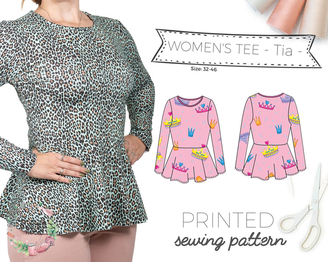 Sewing Pattern Women's Tee Tia Printed Pattern Size 32-46 Top Dress ...