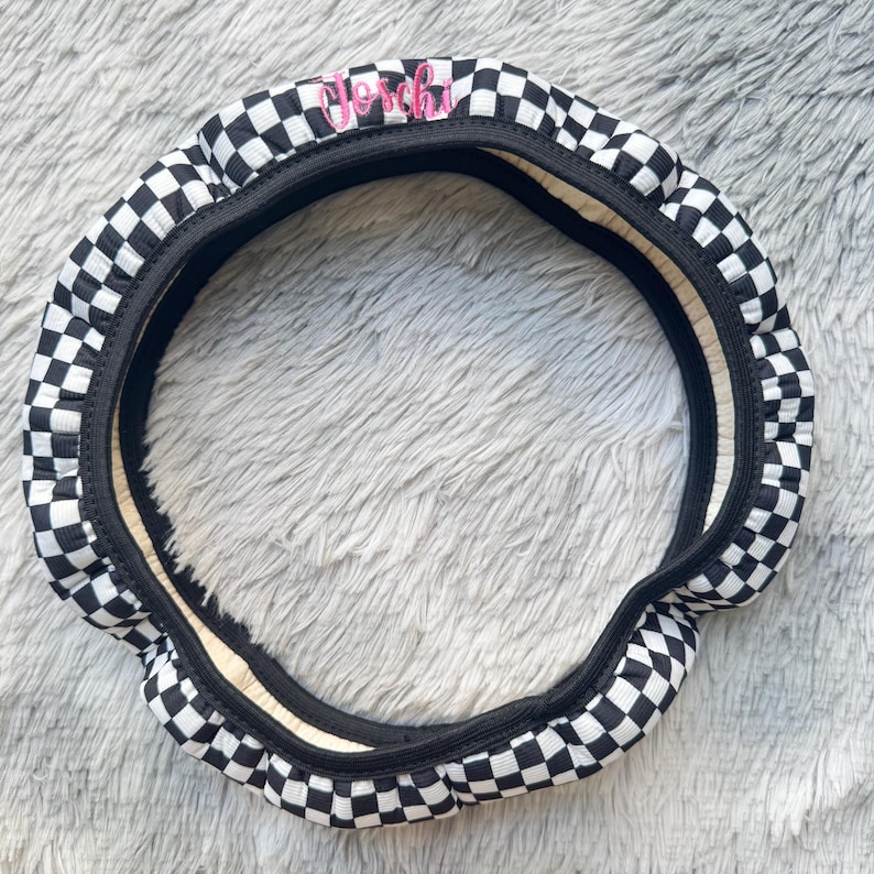 Personalized Checkerboard Steering Wheel Cover: Embroidered Name Grip ...