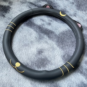 Black Moon Cat Steering Wheel Cover, Leather Car Accessories, Custom ...