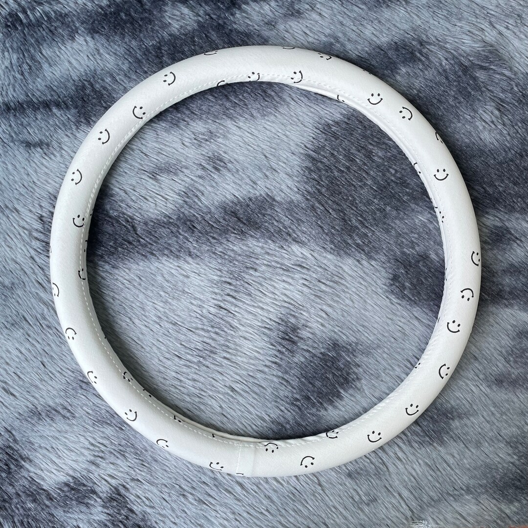 White Smiley Canvas Steering Wheel Cover, Cute Smiley Car Accessories ...