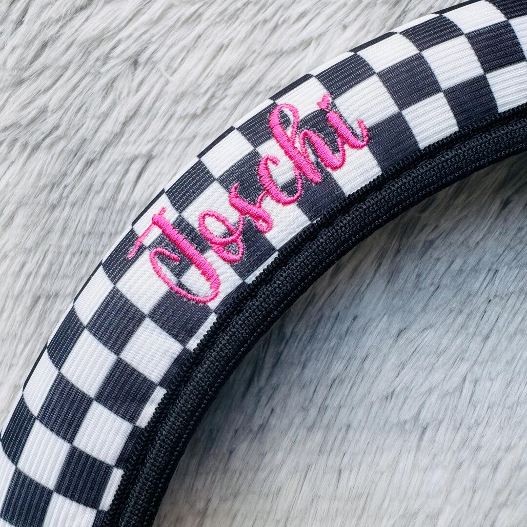 Personalized Checkerboard Steering Wheel Cover: Embroidered Name Grip ...