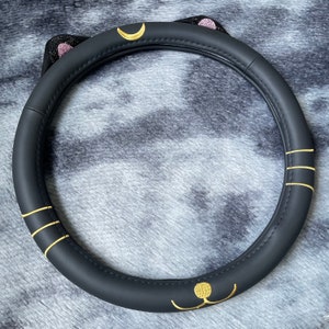 Black Moon Cat Steering Wheel Cover, Leather Car Accessories, Custom ...