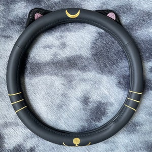 Black Moon Cat Steering Wheel Cover, Leather Car Accessories, Custom ...