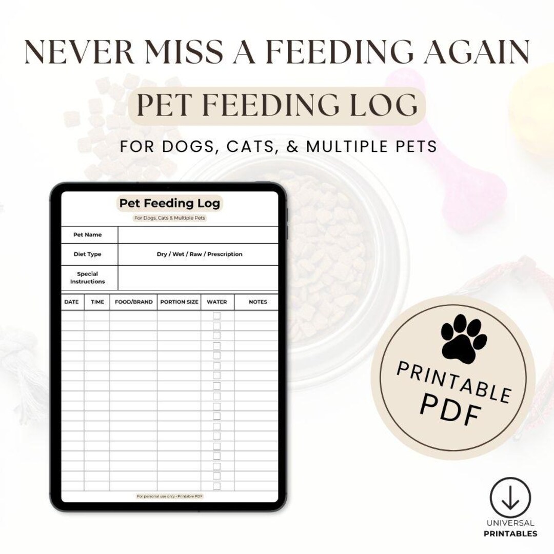 Pet Feeding Log Printable | Dog & Cat Meal Tracker | Feeding Schedule ...