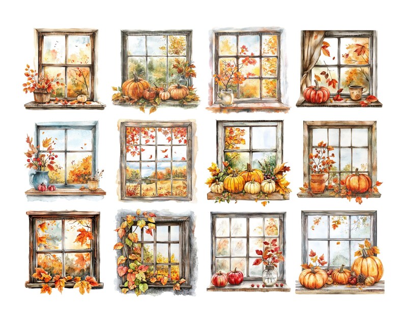 Watercolor Autumn Window Clipart Bundle, Fall Window Scene Png ...