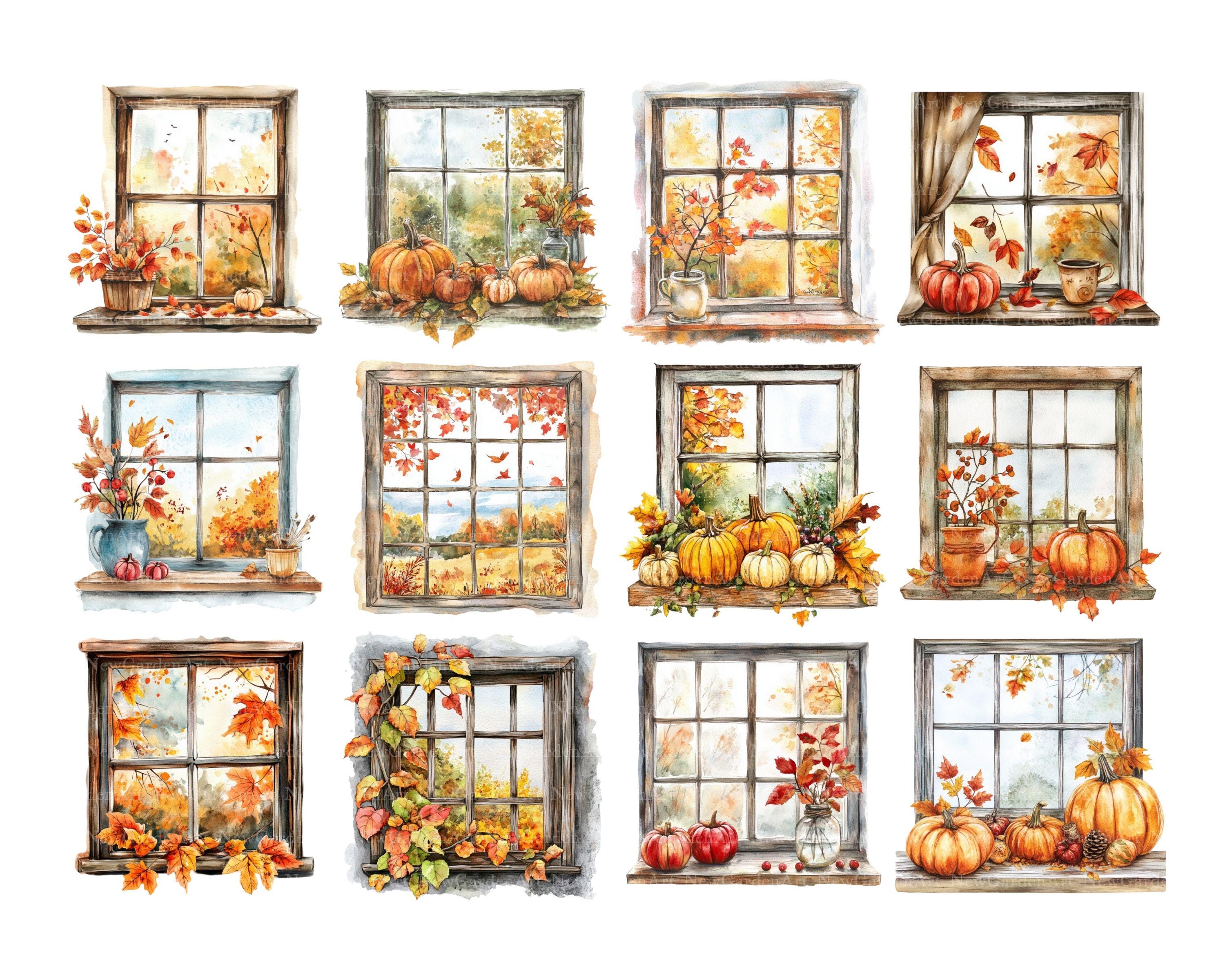 Watercolor Autumn Window Clipart Bundle, Fall Window Scene Png ...