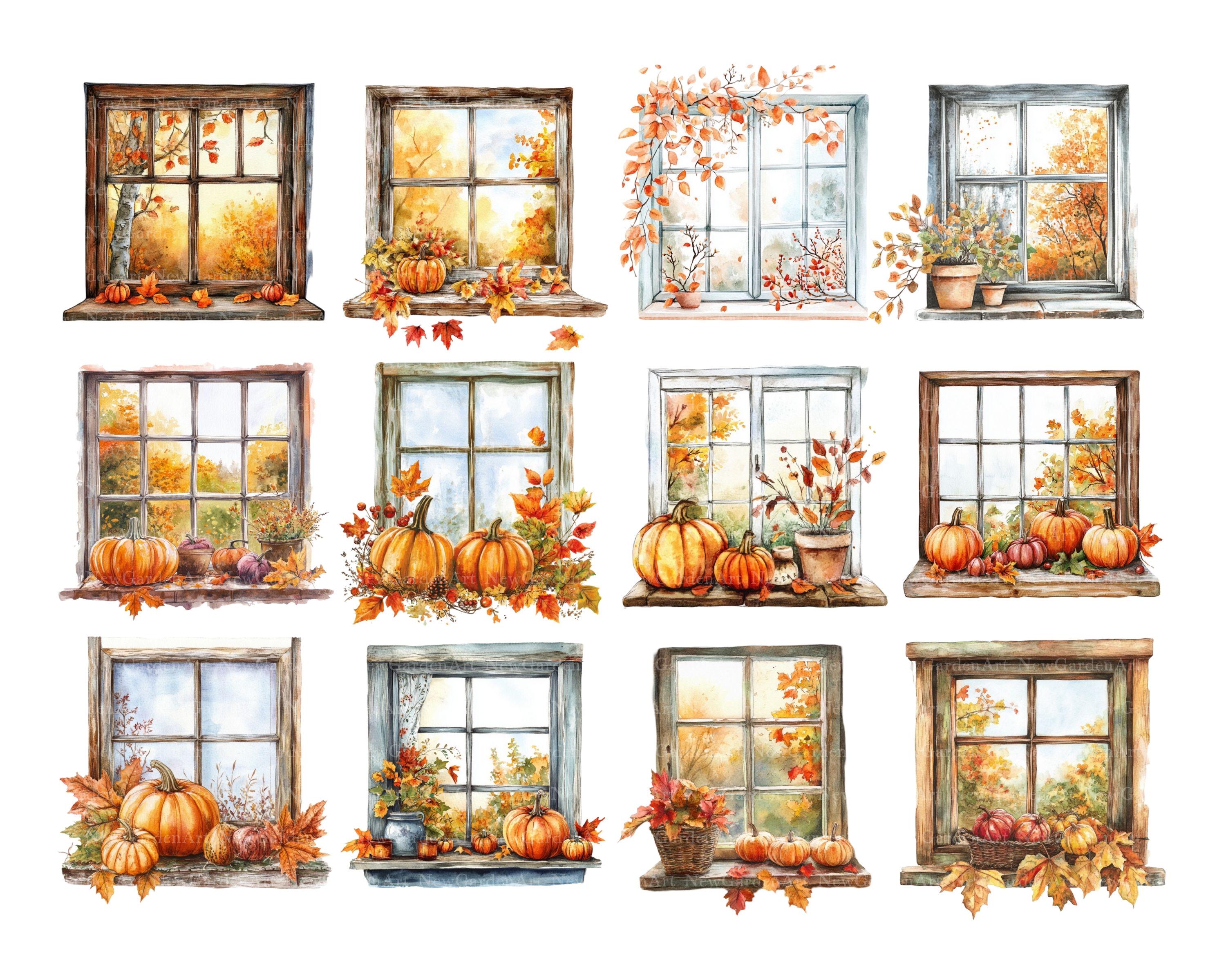 Watercolor Autumn Window Clipart Bundle, Fall Window Scene Png ...