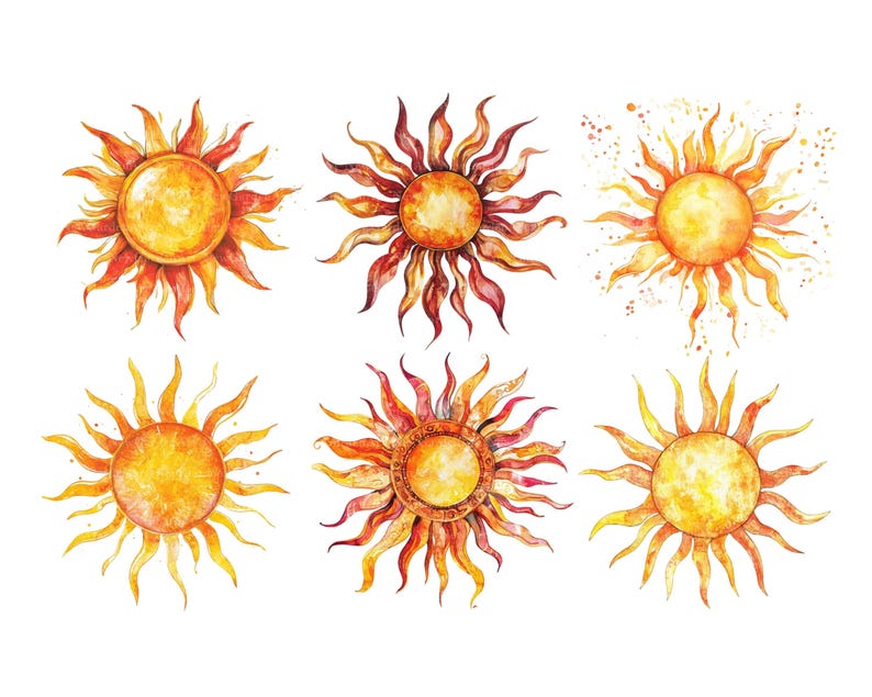 Watercolor Sun Clipart Bundle, Sun Png, Summer Clip Art Design File ...