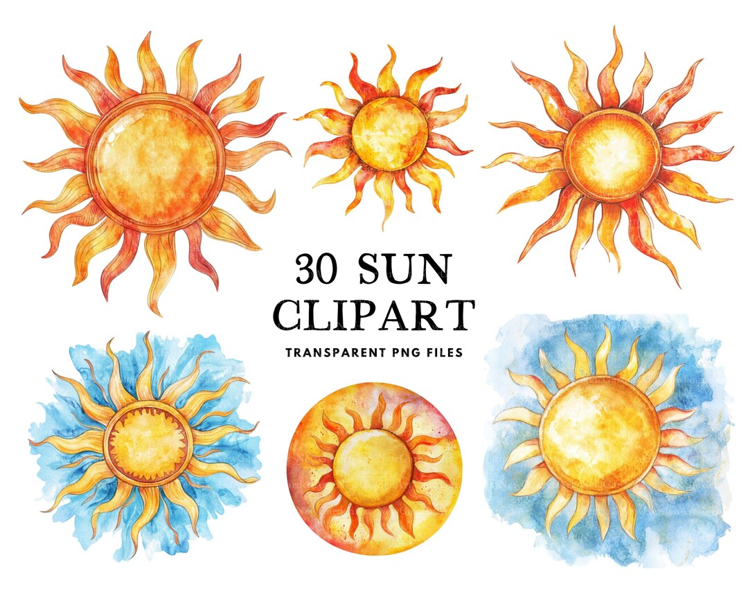 Watercolor Sun Clipart Bundle, Sun Png, Summer Clip Art Design File ...