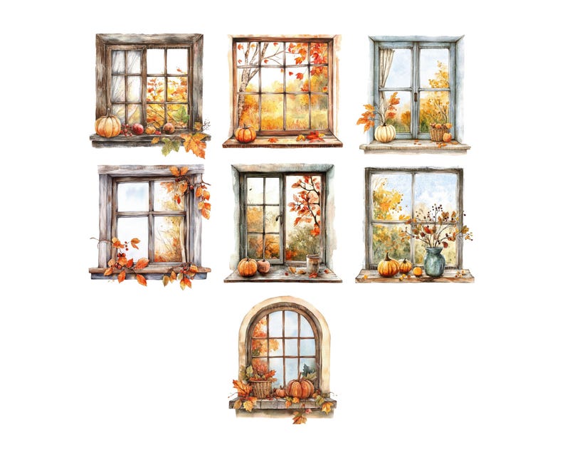 Watercolor Autumn Window Clipart Bundle, Fall Window Scene Png ...