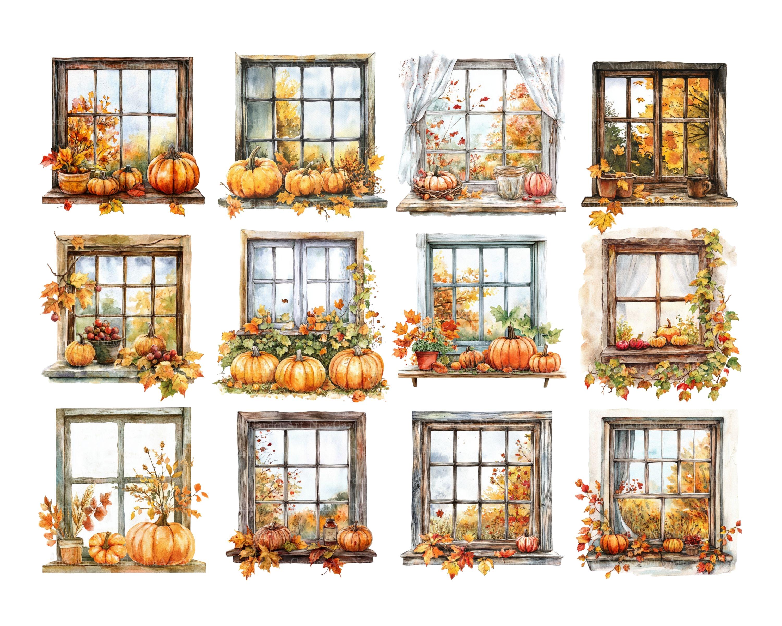 Watercolor Autumn Window Clipart Bundle, Fall Window Scene Png ...