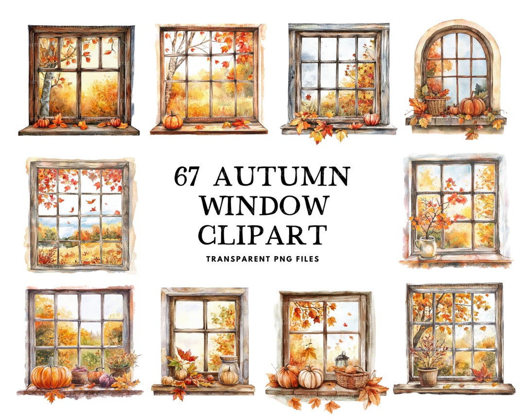 Watercolor Autumn Window Clipart Bundle, Fall Window Scene Png ...