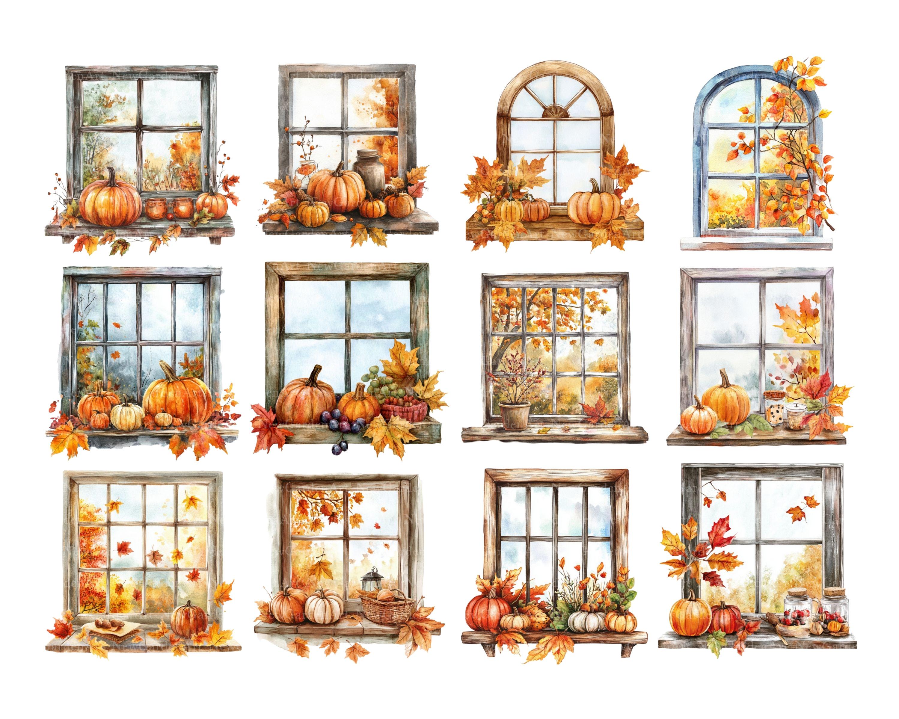 Watercolor Autumn Window Clipart Bundle, Fall Window Scene Png ...