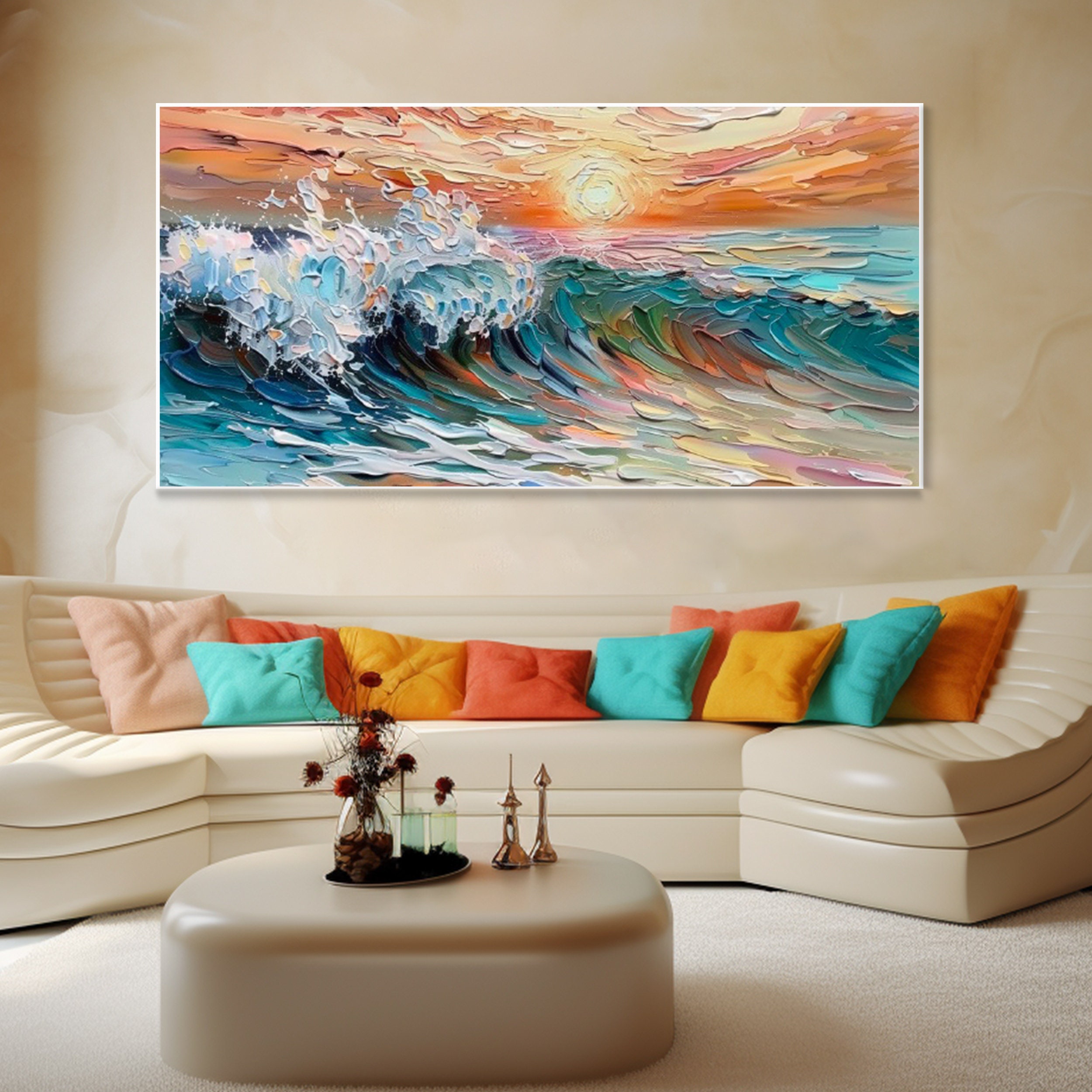 Modern Sunrise Ocean Landscape Thick Texture Hand Oil Painting Abstract ...