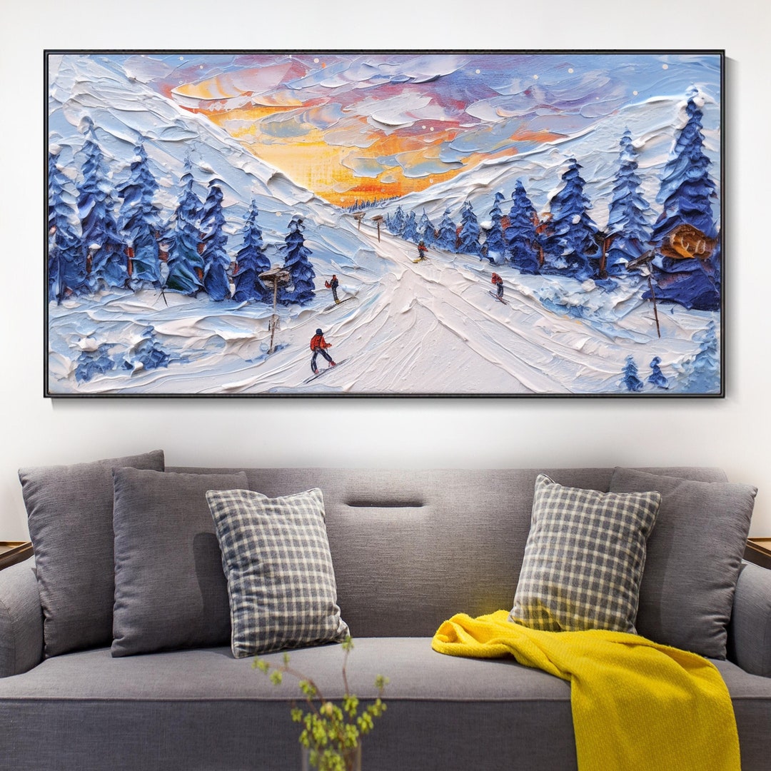 3D Skiing Modern Scenery Hand Art Canvas Texture Painting Pine Forest ...