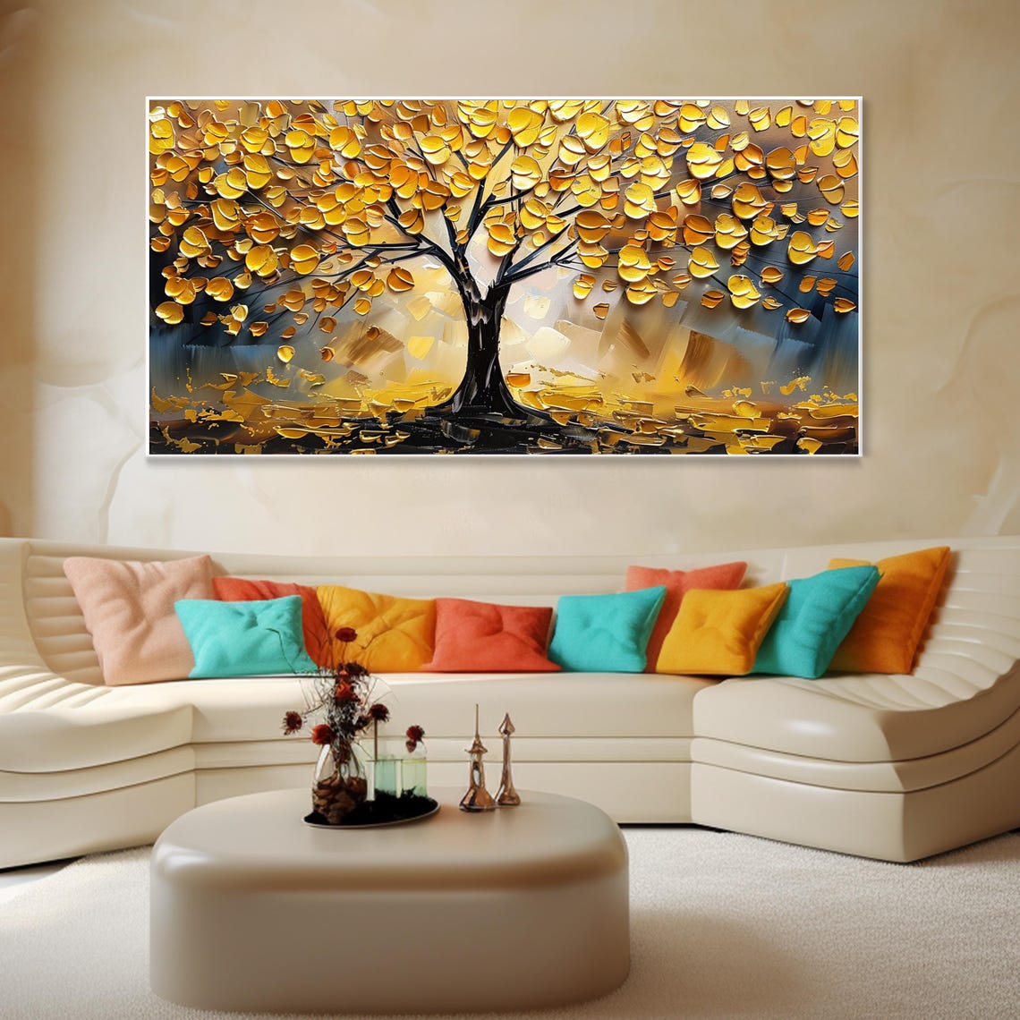 3D Gold Tree Oil Painting Thick Texture Art Canvas Landscape Wall Art ...